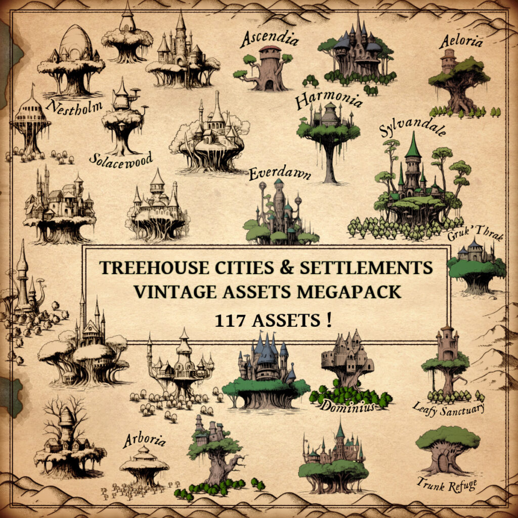 Vintage Treehouse settlements & cities - fantasy map assets