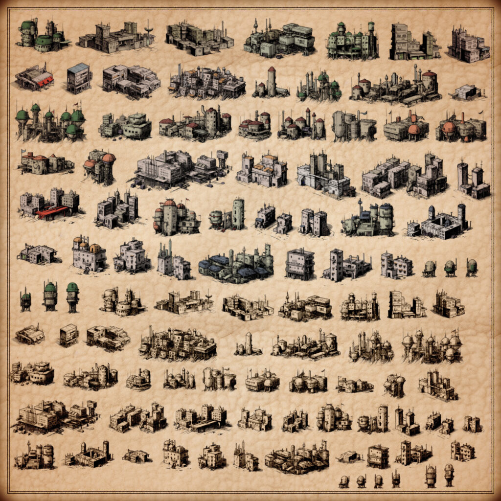 Futuristic cities, industrial slums, vintage map assets pack