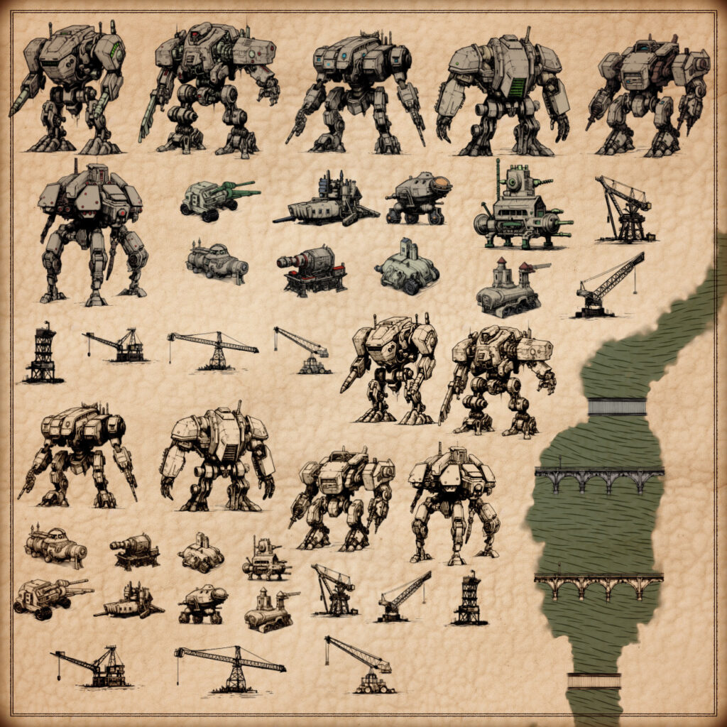 Vintage Futuristic mechas & robots - Fantasy Map Assets Pack