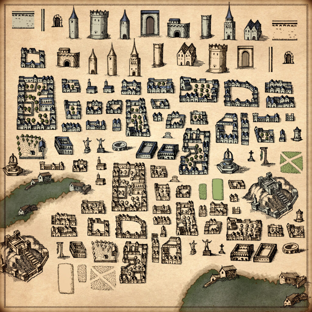 Old Cartography Medieval Town Parts & Surroundings Assets
