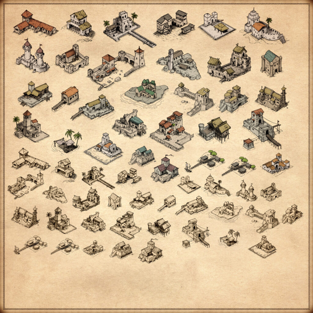 Pirate Map Assets Pack (ships, forts, towns, jungle, piers)