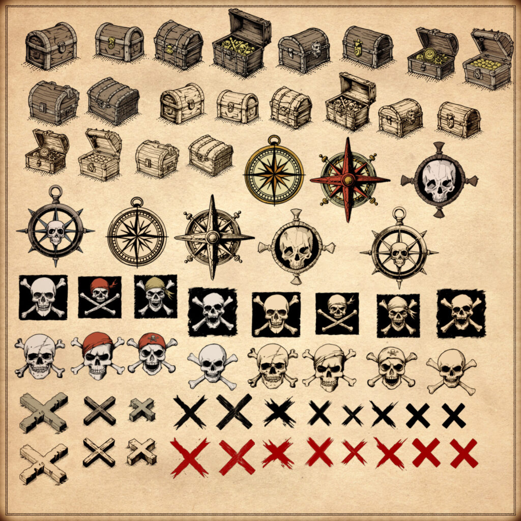 Pirate Icons Assets Pack - x marks, treasure chests etc.