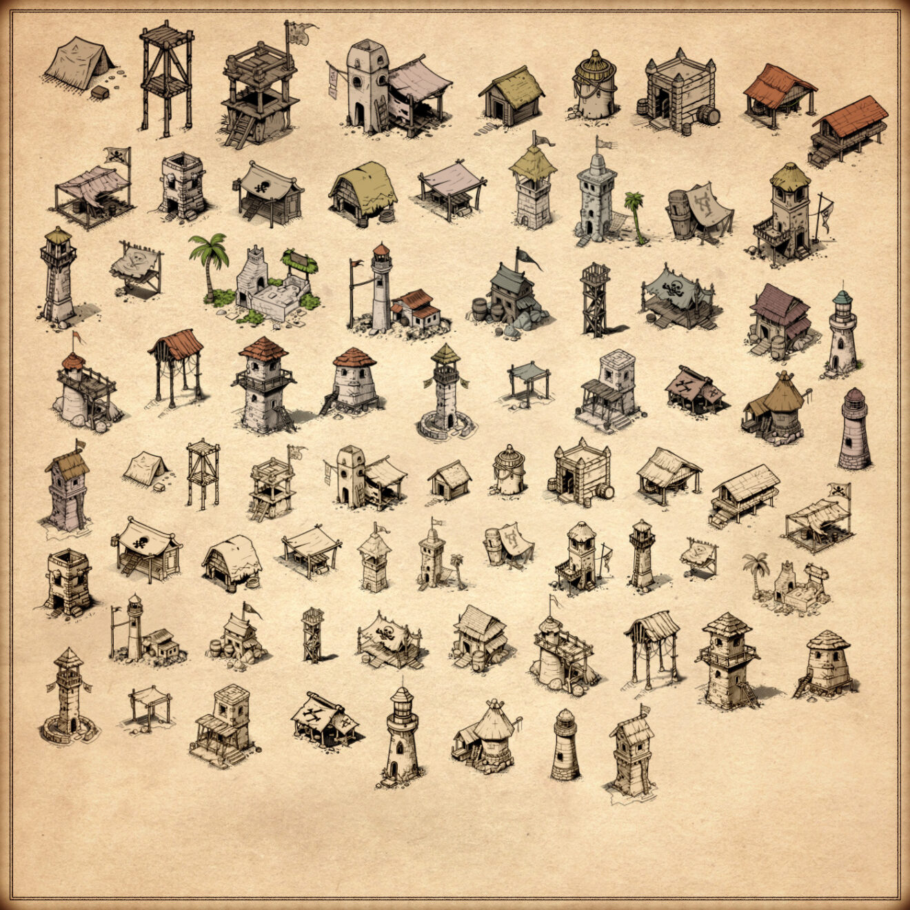 Pirate Map Assets Pack (ships, forts, towns, jungle, piers)