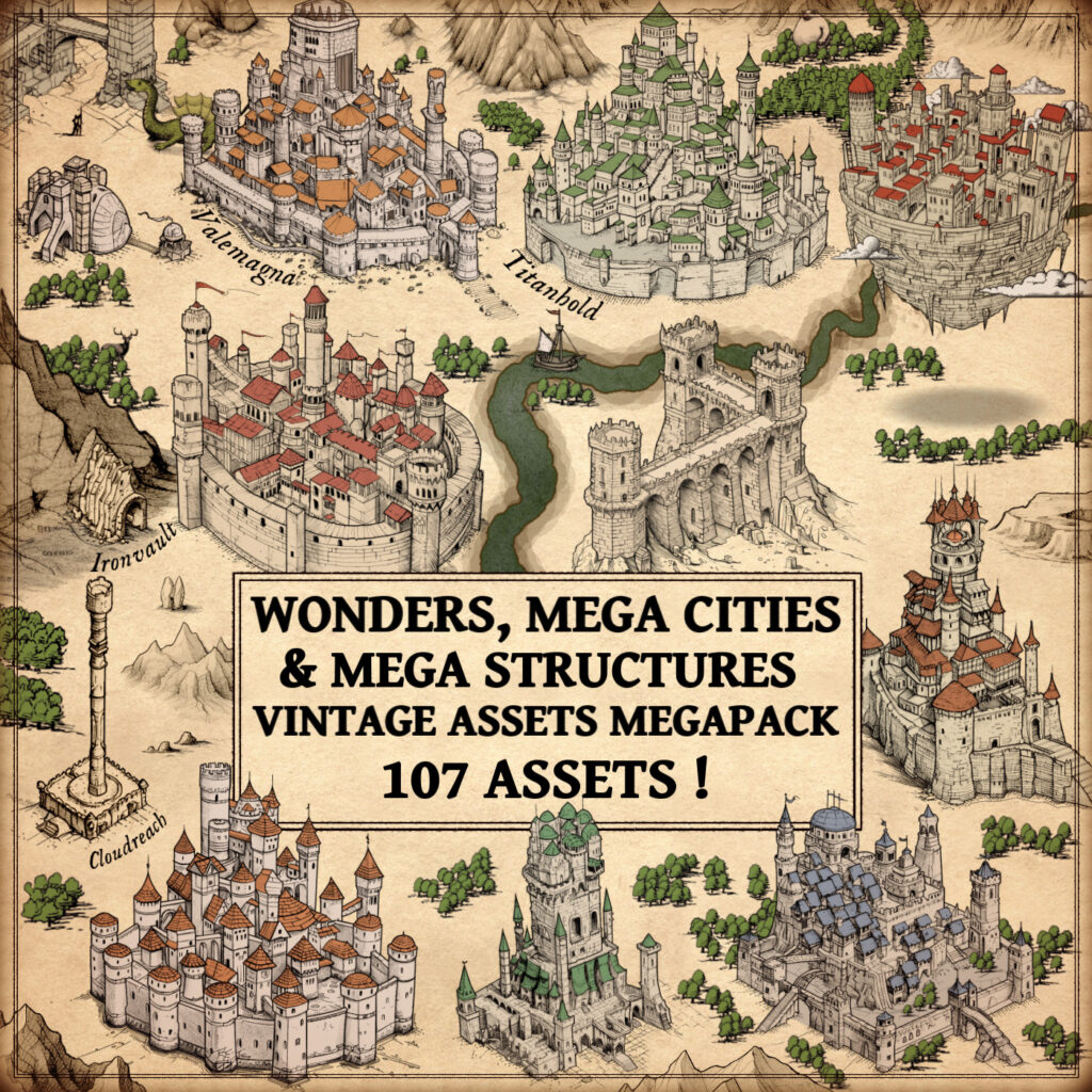 Fantasy Medieval Wonders, Cities, Structures Map assets Pack