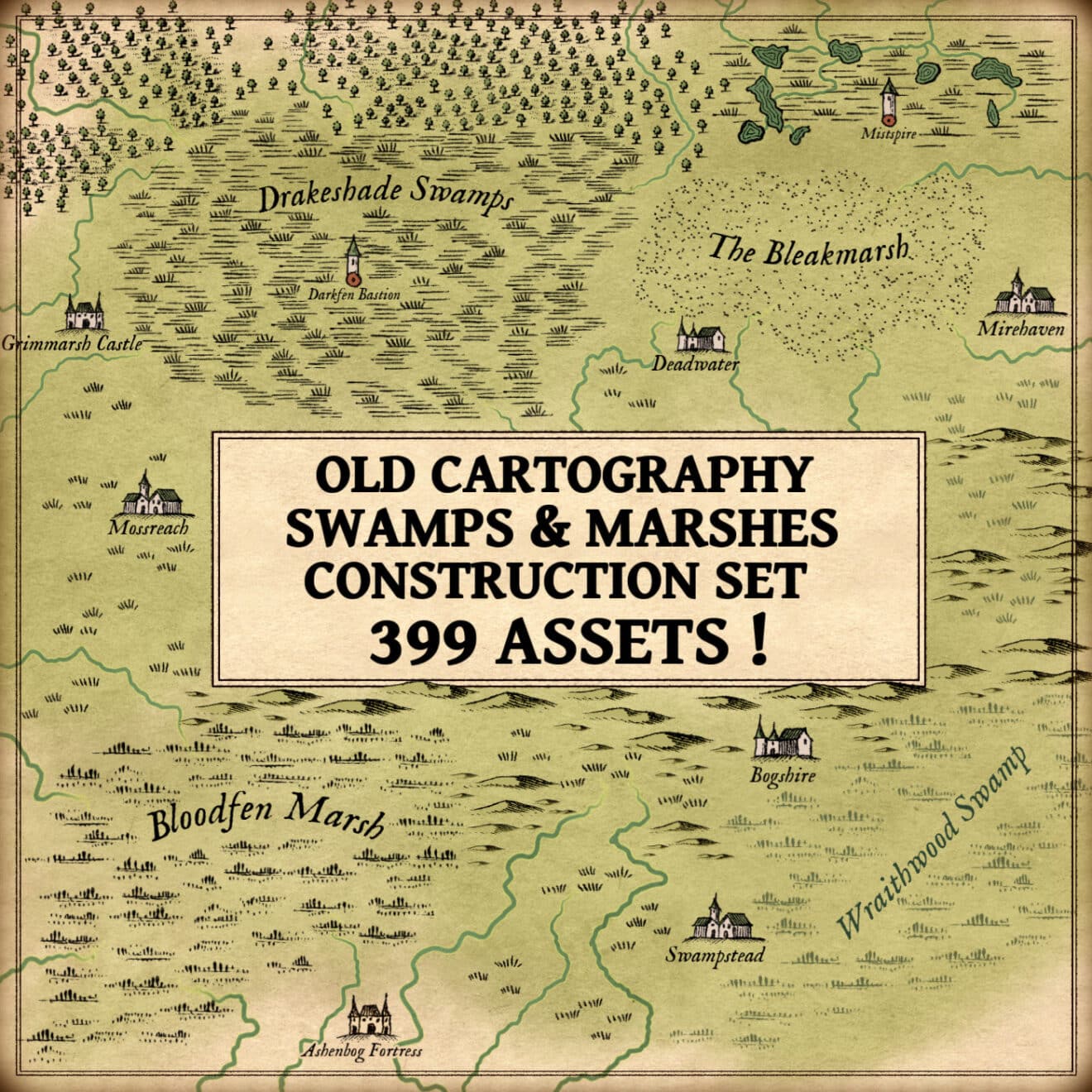 Swamps, Marshes, Fens, Wetland cartography assets Mega pack