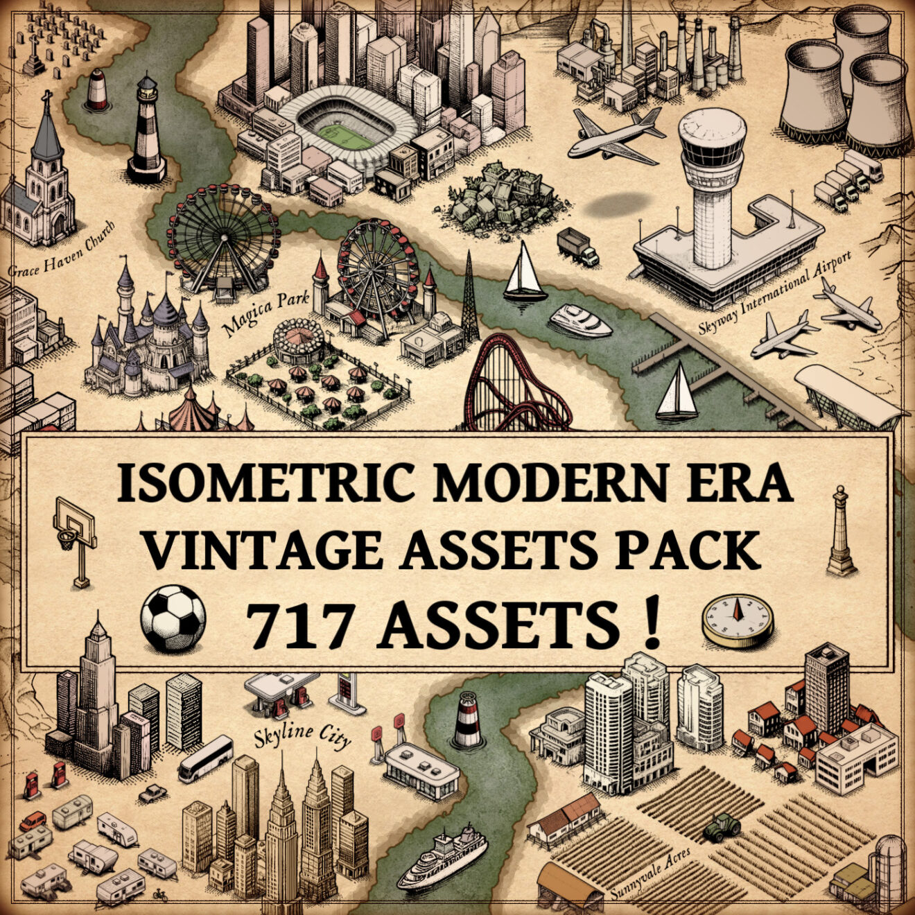Modern Era Isometric Vintage Cartography Map Assets Pack