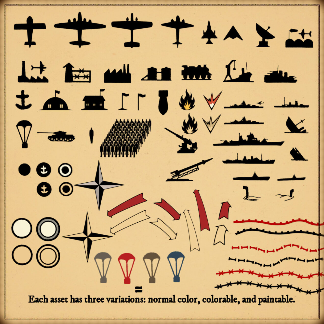 WW2 & Modern War Symbols & Icons Old Cartography Assets Pack