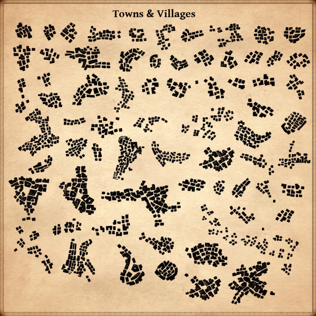 Top-down towns, castles, villages - Old Cartography Assets