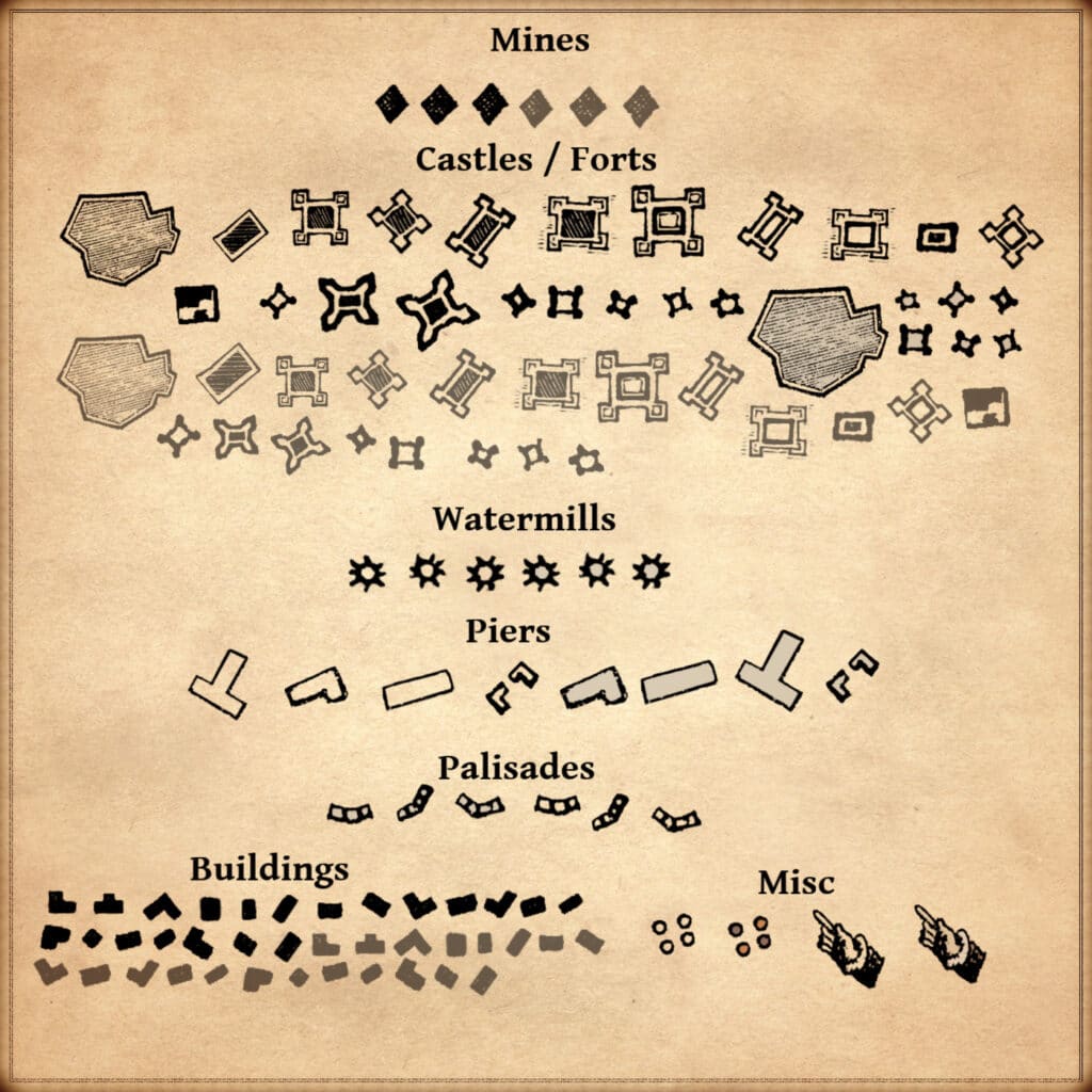Top-down towns, castles, villages - Old Cartography Assets