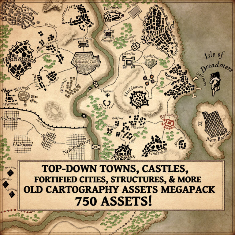 Timeless Cartography Assets: Top-Down Towns, Castles, Cities